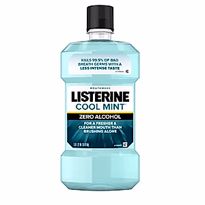 Listerine Zero Alcohol Mouthwash, Alcohol-Free Oral Rinse to Kill 99% of Germs That Cause Bad Breath for Fresh Breath & Clean Mouth, Less Intense Taste, Cool Mint Flavor, 1 L