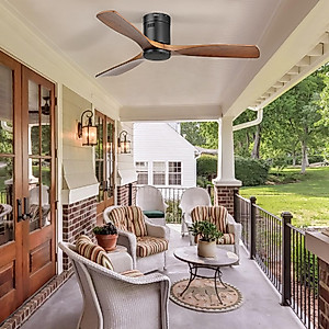 Sofucor 52 Inch Low Profile Ceiling Fan 3 Carved Wood Fan Blade Noiseless Reversible DC Motor Remote Control Without Light Flush Mount Farmhouse Ceiling Fan No Light for Low Ceiling