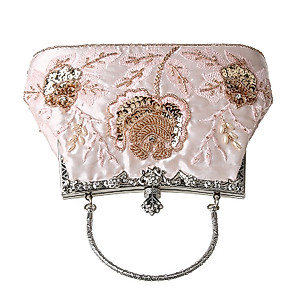 Womens Vintage Floral Beaded Rhinestone Embroidery Clutch Sequin Crossbody Bag Evening Handbag for Bridal Wedding Party Prom