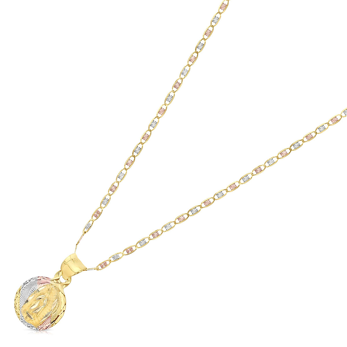 Ioka 14K Tri Color Gold Diamond Cut Our Lady of Guadalupe Stamp Charm Pendant with 1.5mm Valentino Chain Necklace - 20"