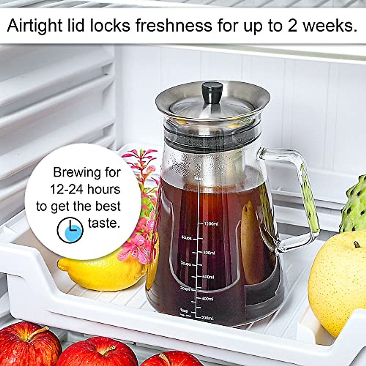 Aquach Airtight Cold Brew Coffee (Iced Tea) Maker 51oz/1.5L, BPA-Free, Durable Borosilicate Glass Pitcher and Stainless Steel Fine-Mesh Filter, Dishwasher Safe, Spill-proof, 6 Cups Capacity
