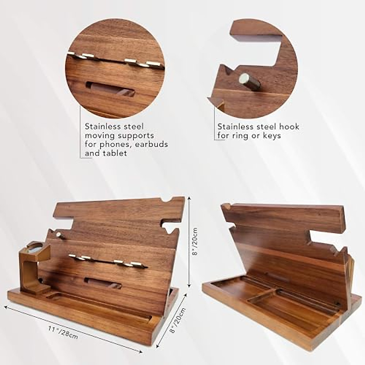 ETERLUCK Wooden Docking Station Men, Nightstand Organizer Bundle w/RFID Blocking Leather Wallet - Charging Station, Cell Phone Stand, Tablet Stand, Husband Gifts from Wife, for Dad - Walnut