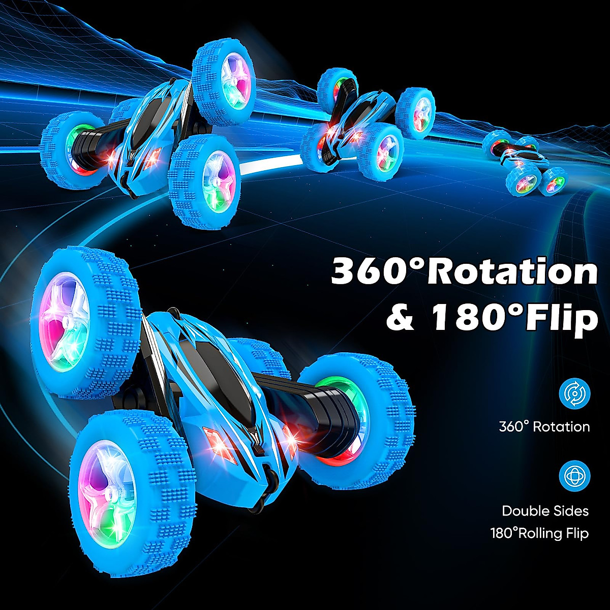 Qumcou Remote Control Car,RC Cars Toys for Boys,2.4Ghz High Speed Kids Toys Cars with Headlights and Wheel Lights,Christmas Birthday Gifts for Boys Age 6-12（Blue