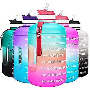 QuiFit Motivational Gallon Water Bottle - with Straw & Time Marker BPA Free Large Reusable Sport Water Jug with Handle for Fitness Outdoor Enthusiasts Leak-Proof (Green/Pink,1 gallon)
