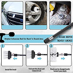 HIWARE 16 Pcs Drill Brush Car Detailing Kit - Car Polishing & Buffing Pads Kit - Soft Bristle Power Scrubber with Extend Attachment for Cleaning Car Interior, Boat, Carpet Upholstery, Bathroom