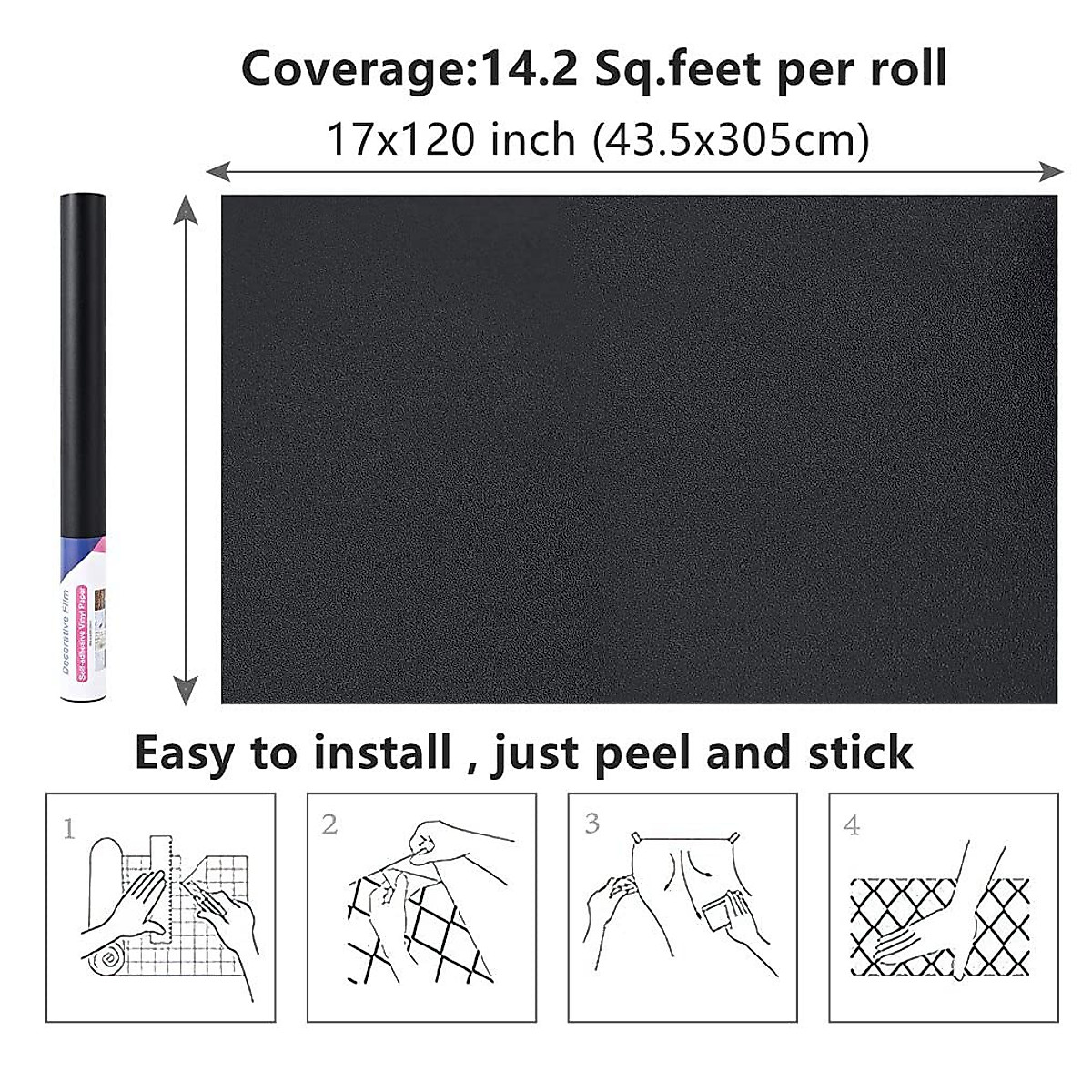 Matte Black Peel and Stick Wallpaper 17"x120", Self-Adhesive and Removable Vinyl Wallpaper Waterproof and Oil Proof Contact Paper for Cabinets Countertops Wall Covering