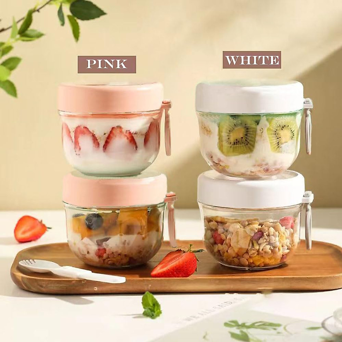 WEIRUIFANZHI 4Pcs 20oz Overnight Oats Plastic Jars with Lids and Spoons Leak-proof Yogurt Fruit Oatmeal Salad Containers with Foldable Scoops Portable Oatmeal Dessert Capacity Breakfast Cups