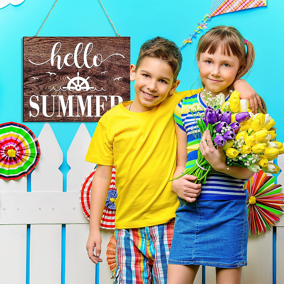 Jetec Hello Summer Wooden Sign Wooden Farmhouse Sign Home Rustic Front Door Decoration Wood Hanging Sign Wall Decor, 9.8 x 7.8 x 0.2 Inch