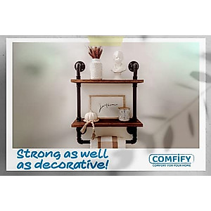 Industrial Bathroom Shelf w/Pipe Towel Bar – Farmhouse Towel Rack Made of Paulownia Wood and Cast Iron, Pipe Rack in Black Matte – Wall Mount Hand Towel Holder for Rustic Décor w/ 2-Tier Shelf