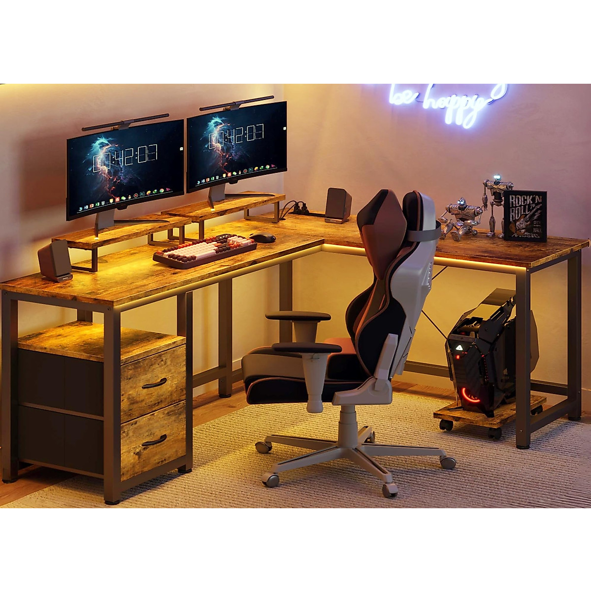 Gizoon 66” L Shaped Desk with Drawers, Large Corner Computer Gaming Desk with Power Outlet, Dual Monitor Stand and Shelves, Rustic Brown
