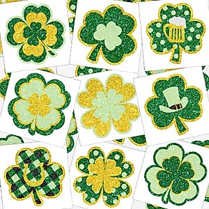 72 Pieces Glitter Shamrock Temporary Tattoos St. Patrick's Day Tattoos Lucky Clover Glitter Tattoo Stickers St. Patrick's Day Irish Sticker Parade Party Favors Decorations Accessories, 9 Styles