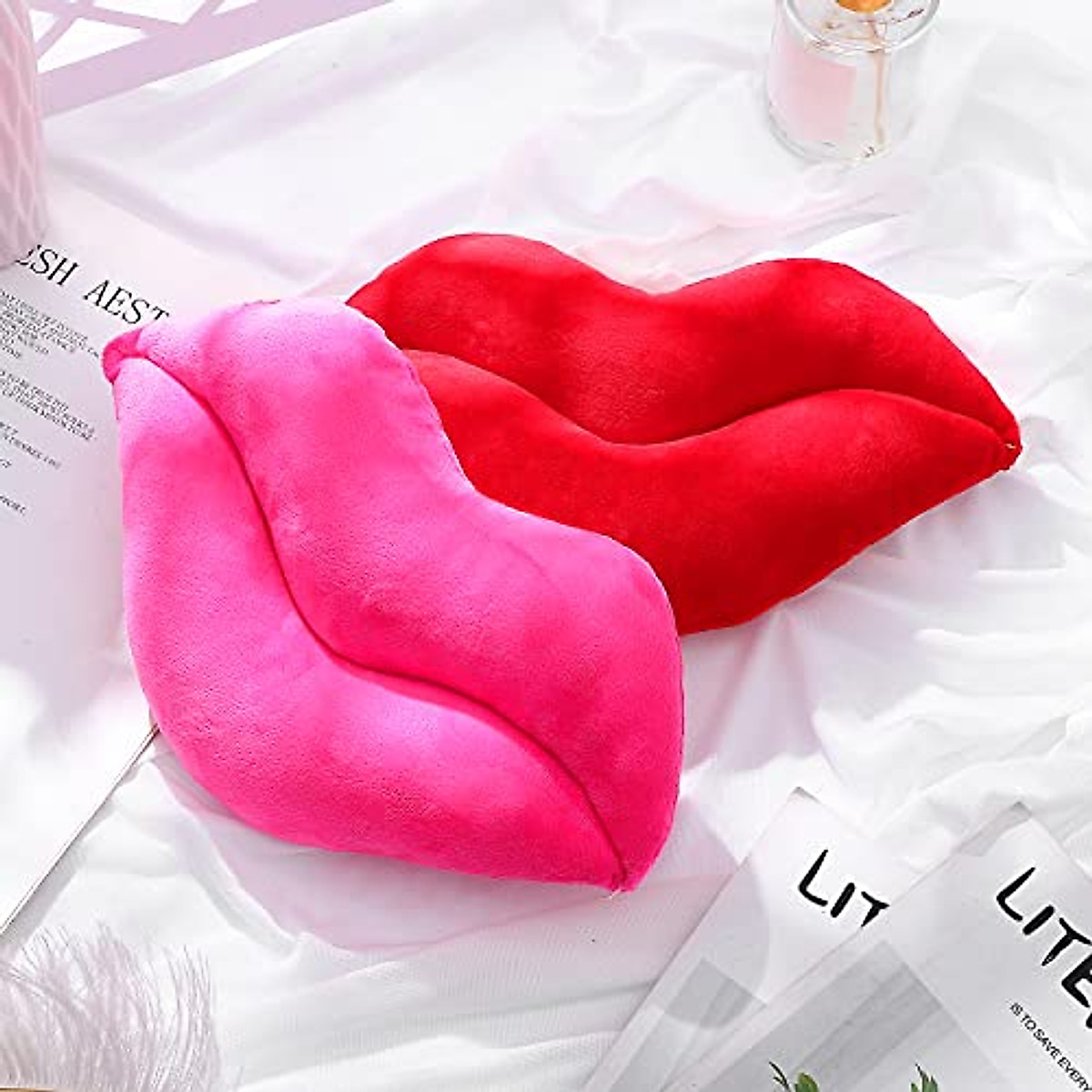 SOIMISS 2Pcs Red Lip Shape Throw Pillows 3D Lips Plush Toy Decorative Reversible Pillow Cushion for Bed Couch Office Living Room 30X17cm