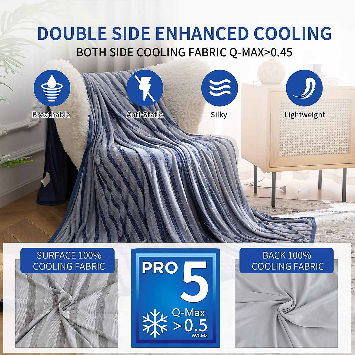 Auemtyn Cooling Blankets for Hot Sleepers, King Size with Japanese Q-Max>0.5 Arc-Chill Cooling Fiber, Lightweight Breathable Double Sided Cold Tech Summer Blanket for Night Sweats(90"x108",Navy Blue)