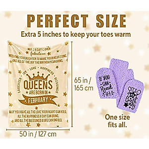 Personalized Birthday Gift Baskets for Her - Women Birthday Gift Ideas, Bday Gift for Women - Queens are Born in February - Flannel Throw Blanket & Socks - Mom, BFFs, Grandma, Aunt - 50"x 65"