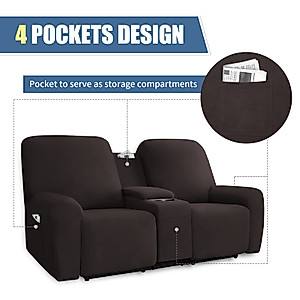 Easy-Going Stretch Recliner Loveseat Cover with Center Console Sofa Slipcover Soft Fitted Fleece 2 Seats Couch with Holder and Storage Washable Furniture Protector Chocolate