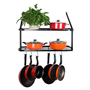 Vdomus Hanging Pot and Pan Organizer - Rustproof Wall Mounted Pot Rack for Kitchen Storage - Durable, Thick Iron Material - 2-Tier Pot Shelf with 10 Hooks for Utensils - Wall Mounted Black Pot Rack