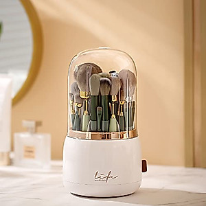 Y.duck Pink Makeup Brush Holder with Lid - 360 Rotating Makeup Organizer for Vanity - Dustproof Make Up Organizers and Storage-With Makeup Brush Cleaner Mat (White)
