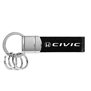 iPick Image Compatible with Honda Civic Black Real Leather Strap Chrome Round Hook Metal Key Chain