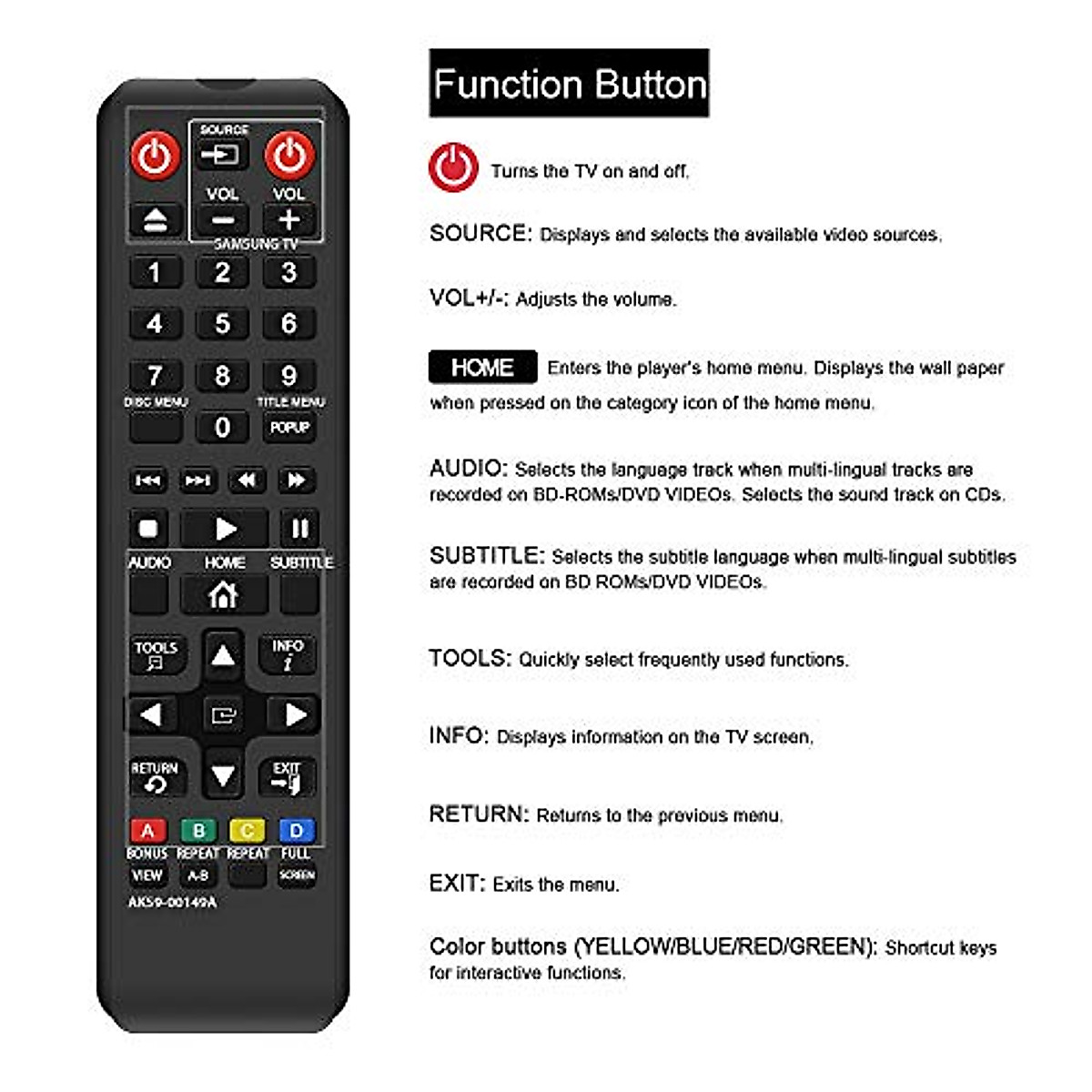 Gvirtue AK59-00149A Remote Replacement for Samsung DVD BD Blu-Ray Disc Player Remote, Applicable BDF5100/ZA BD-ES5300 BD-FM51 BD-FM57C BD-H5100 BD-H5900 BD-HM51 BD-HM59 BD-J5100 BD-J5700 BD-J5900