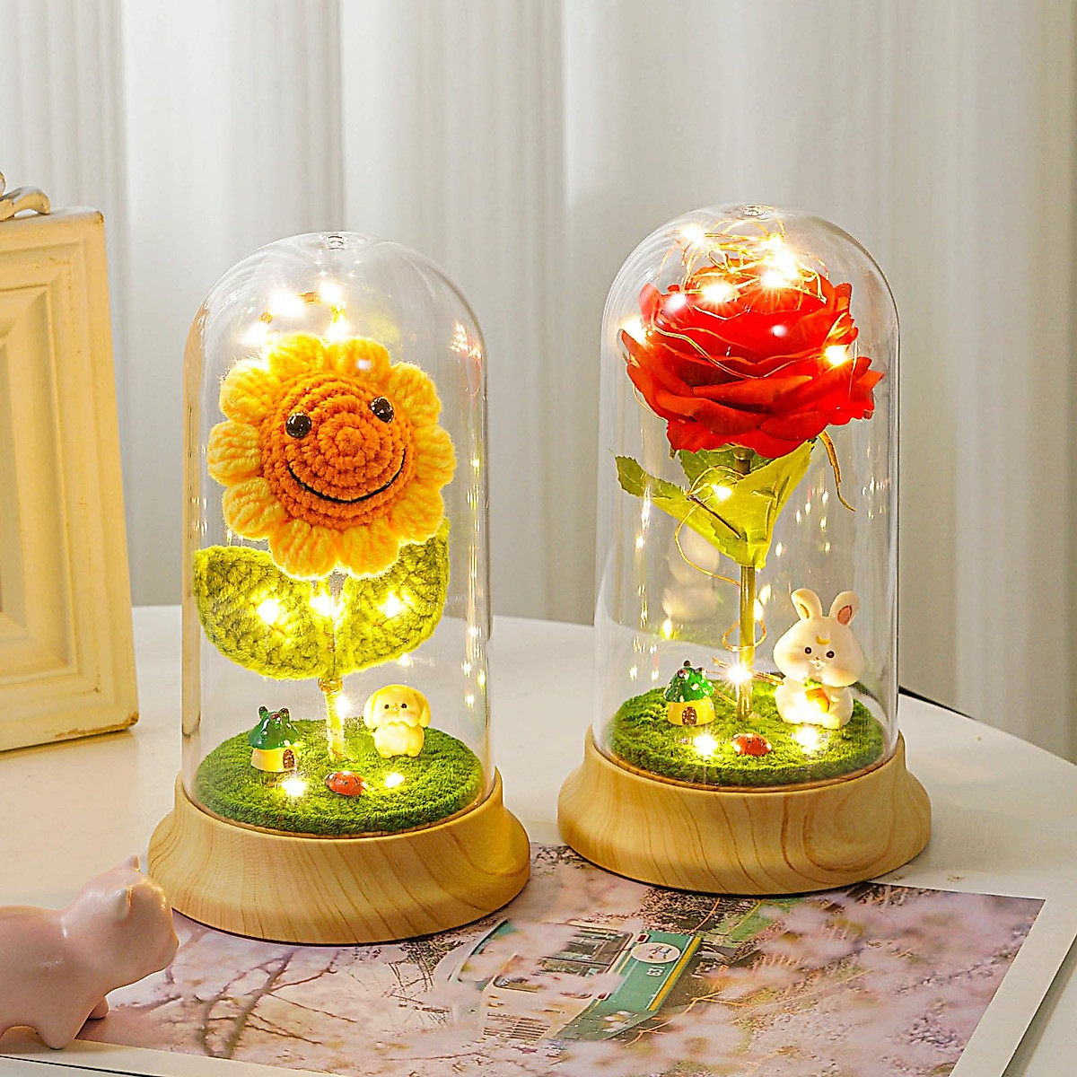 Levvohd Crochet Sunflower Gifts for Women, Artificial Sun Flower Birthday Gifts for Grandma, in Plastic Dome Sunflower, for Her Mom Mothers Day Christmas Day Gifts (B - Sunflower 4.3 in X 7.5 in)