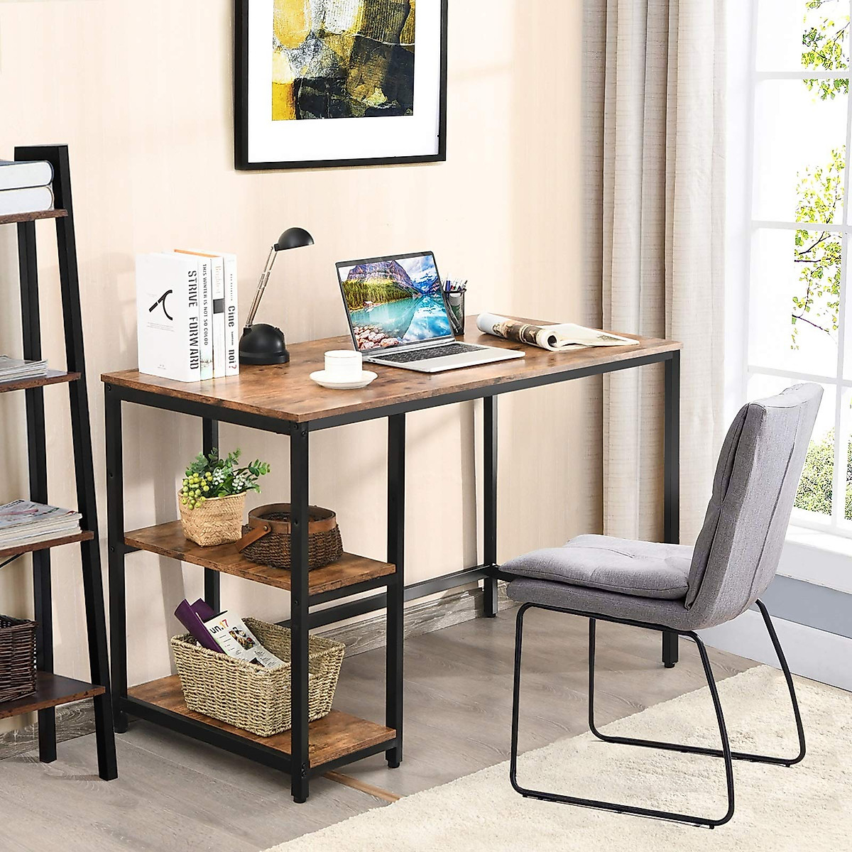 Tangkula Home Office Computer Desk with 2 Storage Shelves, Industrial Study Writing Desk Workstation Laptop Table with Sturdy Metal Frame (Rustic Brown)