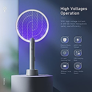 Electric Fly Swatter Racket, Mosiller 4000V 2 in 1 Bug Zapper with USB Rechargeable Base, Powerful Mosquitoes Trap Lamp & Fly Killer with 3 Layer Safety Mesh for Home, Bedroom, Kitchen, Patio (1 Pack)