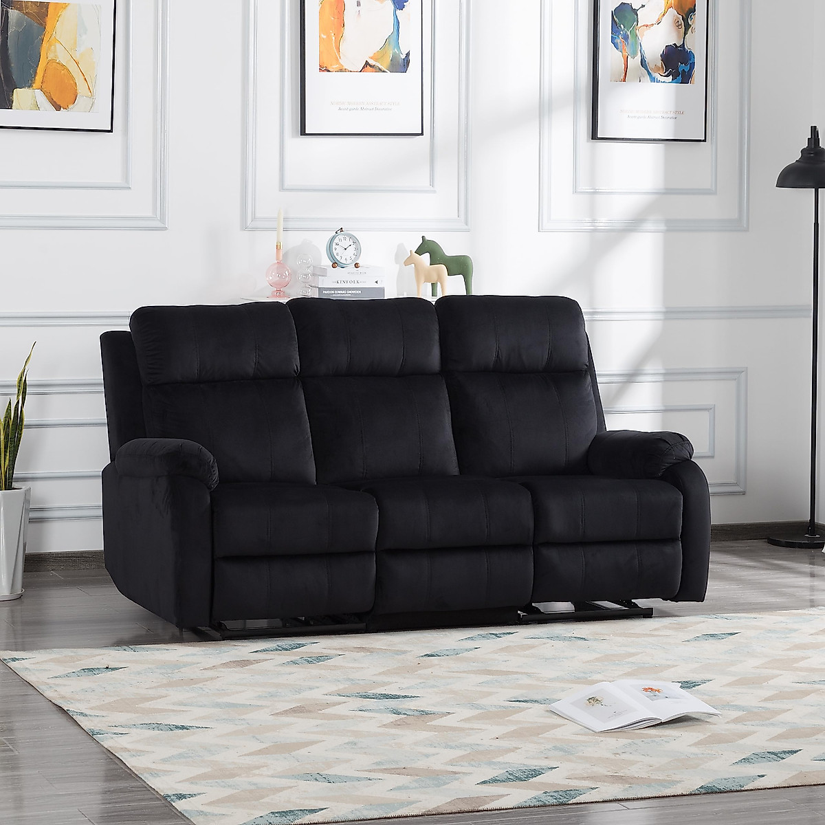 LCH 3-Seater Sectional, Leather Loveseat Lounge Chair, Set Reclining Couch Sofa for Living Room (Black)