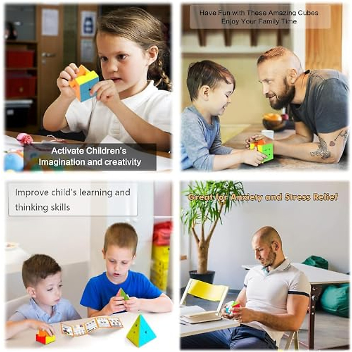 Roxenda Speed Cube Set, Speed Cube Bundle of 2x2 3x3 Pyramid Cube and Magic Rainbow Ball Smoothly Magic Cubes Collection for Kids Teens & Adults [4 Pack] (Stickerless)