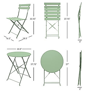 Grand patio 3pc Metal Folding Bistro Set, 2 Chairs and 1 Table, Weather-Resistant Outdoor/Indoor Conversation Set for Patio, Yard, Garden-Pea Green