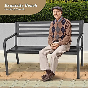 Athena Collection 50" Garden Bench Outdoor Patio Bench with Backrest, Cast Iron Metal Frame Porch Bench Park Farmhouse Bench Weatherproof Furniture for Backyard Lawn Garden Entryway, Black