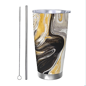 Black and Gold Swirl liquid ink marble 20oz Tumbler Stainless Steel Vacuum Insulated Coffee Travel Mug, Durable Coffee Travel Mug with Splash-Proof Lid Metal Straw and Brush Thermal Cup for Outdoor