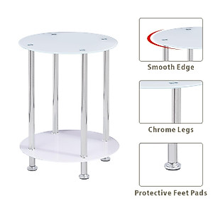 ROOIOME 2-Tier 15.75" Glass Round End Table, Glass Sofa Side Table with Storage Shelf for Living Room, Bedroom, White