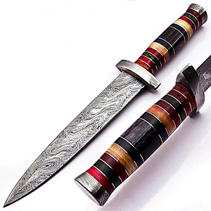 Damascus Steel Hunting Knife - Fixed Blade Knives with Sheath - Firm Grip Handle Made of Rose Wood (MD)