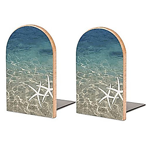 2 Pack Wood Bookends,Summer Beach Tropical Blue Ocean Starfish Decorative Book Ends Support for Shelves Desktop Organizer Wooden Bookshelf for Home School Office