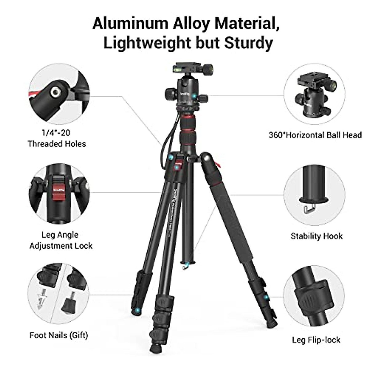 SmallRig 71" Camera Tripod, Foldable Aluminum Tripod & Monopod, 360°Ball Head Detachable, Payload 33lb, Adjustable Height from 16" to 71" for Camera, Phone-3935