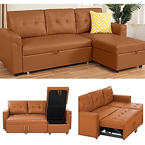 Naomi Home Transform Any Space: Sleeper Sectional Sofa with Convertible Sofa Bed & Inviting Chaise. Find Tranquil Comfort with Stress-Relieving Design & Durable Cushions - Caramel,Air Leather