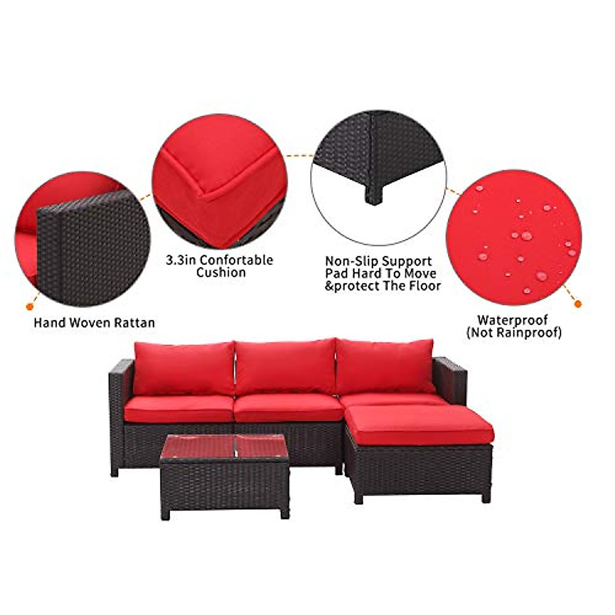 Patio Sofa Furniture Sets 5 Piece, Outdoor PE Wicker Rattan Conversation Sofa Set with Coffee Table, Wine Red (Black Rattan)