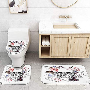 Britimes 4 Piece Shower Curtain Sets, Skull Flower with Non-Slip Rugs, Toilet Lid Cover and Bath Mat, Durable and Waterproof, for Bathroom Decor Set, 72" x 72"