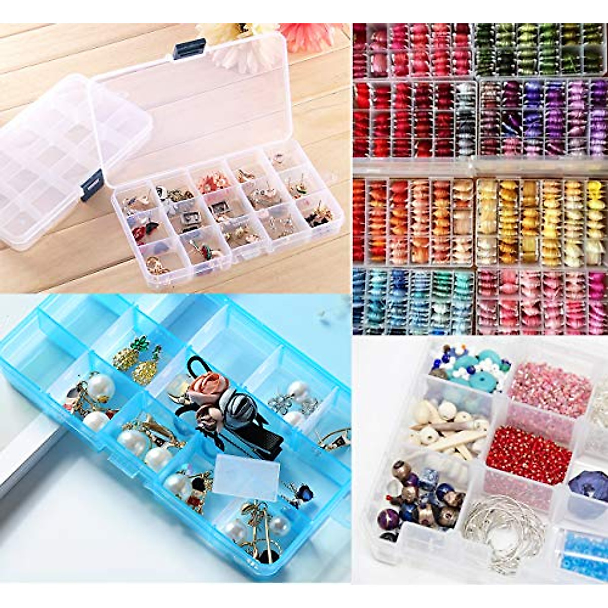6 Pack Plastic Bead Organizer Storage Box with Compartments Containers with Adjustable Dividers Clear Storage Box for Earring Jewelry Beads Fishing Sewing Craft Supplies, 15 Grids