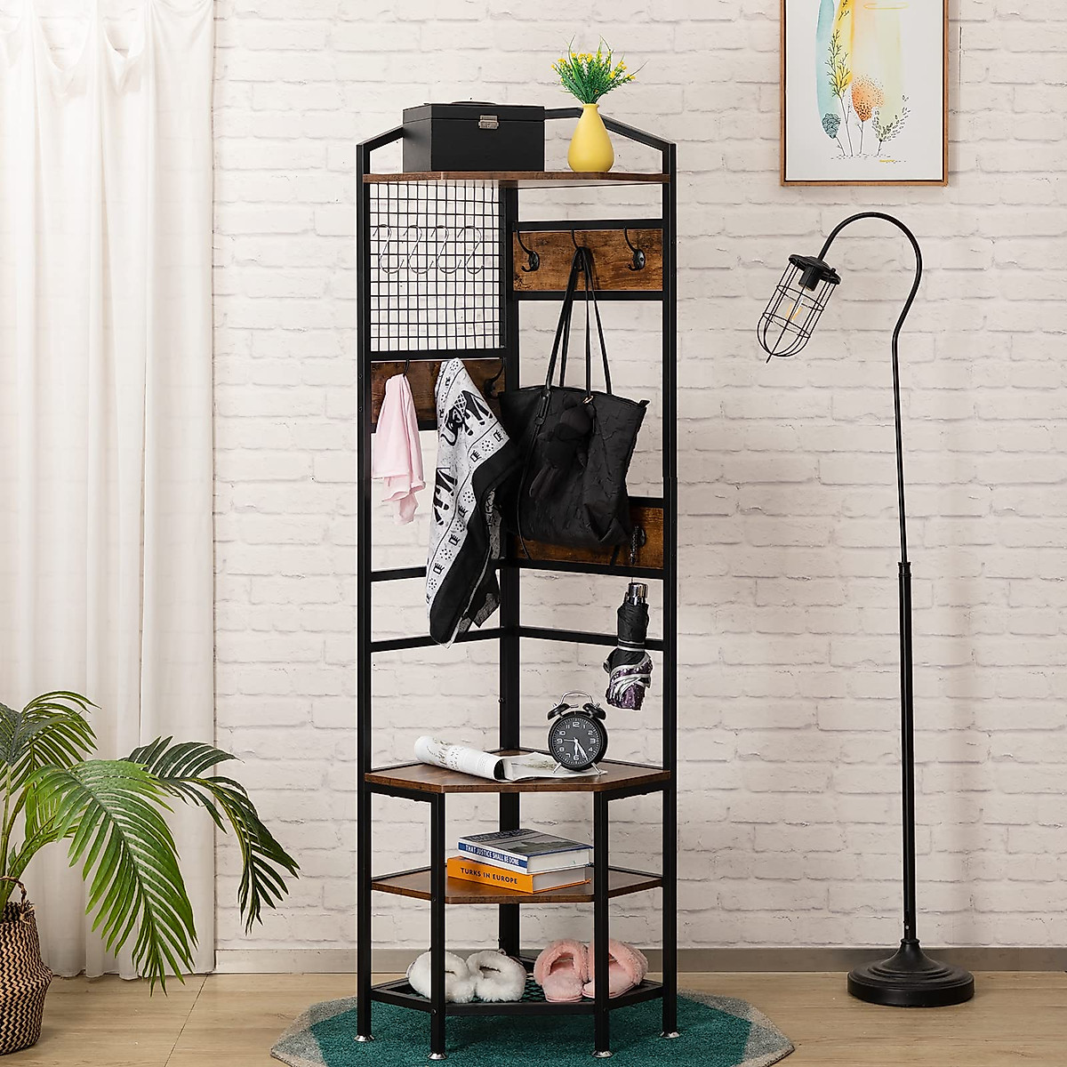 DOEWORKS 4-Tier Corner Industrial Hall Tree, Freestanding Entryway Coat Storage Rack with Hooks and Wooden Storage Shelves, Black