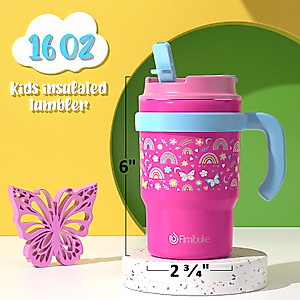 Fimibuke 16oz Kids Insulated Tumbler with Handle & Straws - 2 Pack BPA FREE 18/8 Stainless Steel Toddler Cups with Sip/Swig 2-in-1 Lids, Leak Proof Kid Drinking Cup Travel Mugs for Children Boys Girls