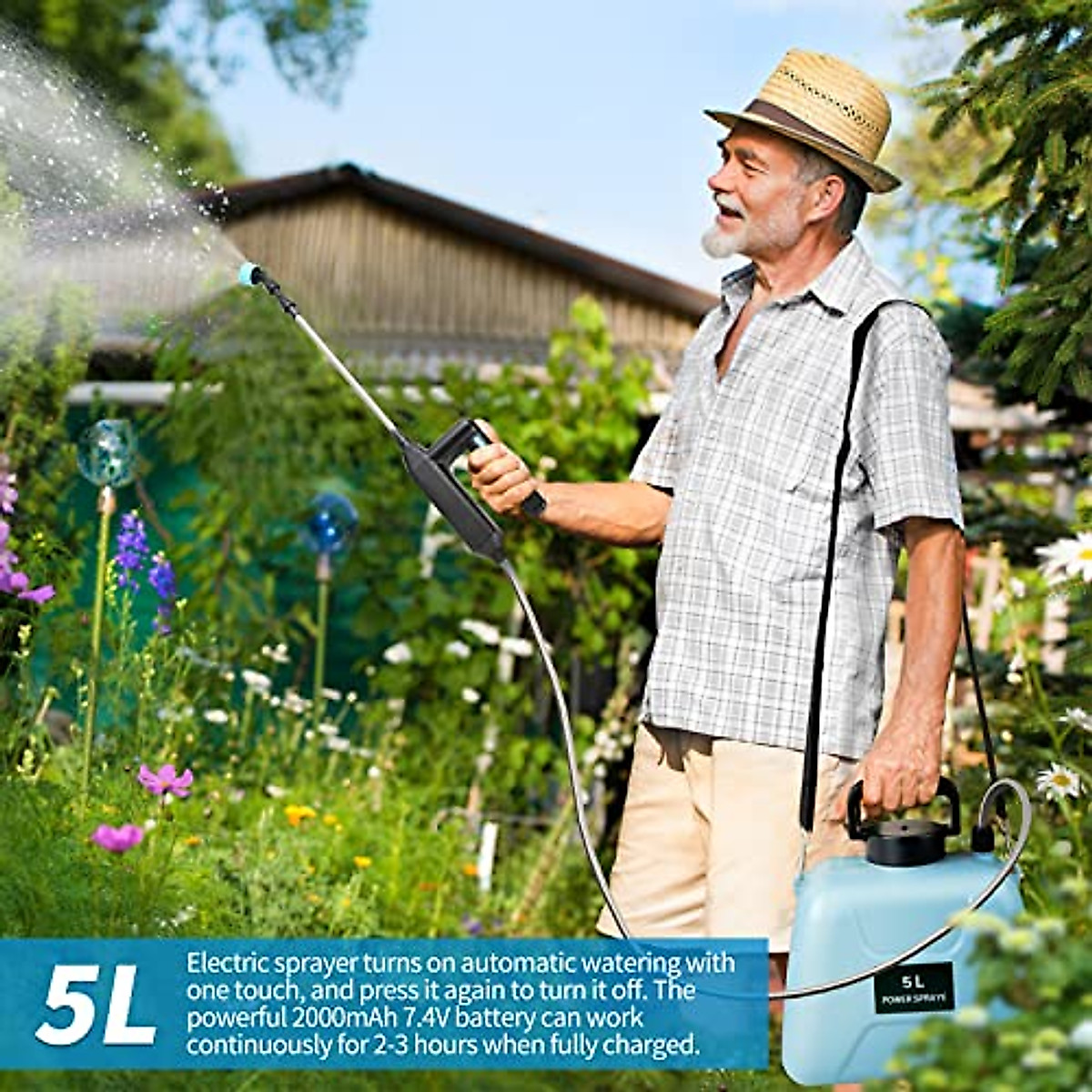 Electric Plant Sprayer, 1.35 Gallon/5L Battery Powered Sprayer with USB Rechargeable Handle, Potable Garden Sprayer with Telescopic Wand, Plant Sprayer for Yard Lawn Weeds Plants (Blue)