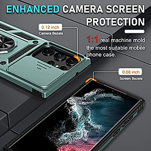 CASEJEEN for Samsung Galaxy S23 Ultra Case,Heavy Duty Shockproof Full Body Protective Phone Cover,Built in Slide Camera Lens Cover+Finger Ring Stable Kickstand,Dark Green