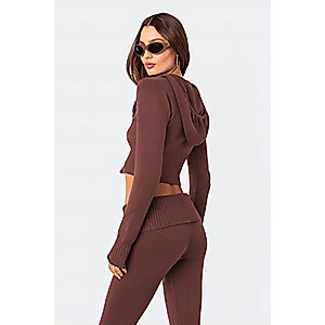 Zhiyouni Women's Kintted 2 Piece Outfits Long Sleeves Zip Up Hooded High Waist Skinny Pants Set Loungewear (Brown-L)