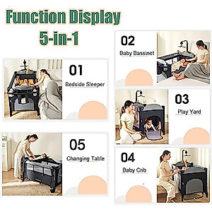 MMBABY 5-in-1 Pack and Play Portable Crib for Baby,Multifunction Bedside Crib from Newborn to Toddlers,U-Shaped Diaper Changer,Playard,Safety Strap,Carry Bag,Hanging Toys (Black)