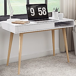 White Desk Mid Century Modern Desk Wooden Desk with Drawer Small Office Desk Mid Century Computer Desk White Makeup Table, by Artswish
