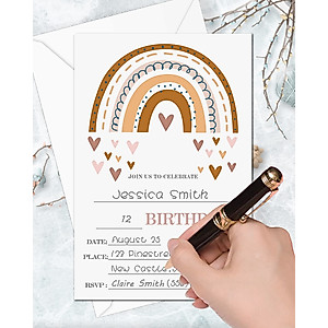 JJOINUS Birthday Party Invitations for Girls Kids, Boho Brown Rainbow Invites With Envelopes, 20 Pieces of Fill-in Blank Invitation Card Kit