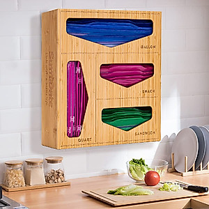 Bamboo Ziplock Bag Organizer 4 in 1 Food Storage Bag organizer Holder Box Compatible Gallon Quart Snack Slider Plastic Sandwich Bag Dispenser for Drawer Cupboard Hanging on Wall Baggie Container