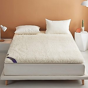 Fleece Fitted Mattress Pad, Thicken Warm Lamb Wool Roll Up Mattress Topper Sheet Protector Underblanket with Straps(A,90 * 200cm-1.7KG)