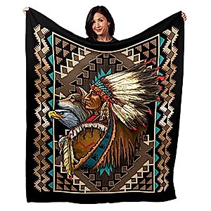 Leather Supreme Native American Chief Eagle Wolf 50x60 Soft and Plush Minky Polyester Throw Blanket